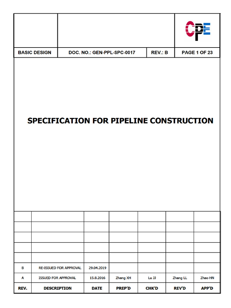 GEN-PPL-SPC-0017 Specification For Pipeline Construction | PDF