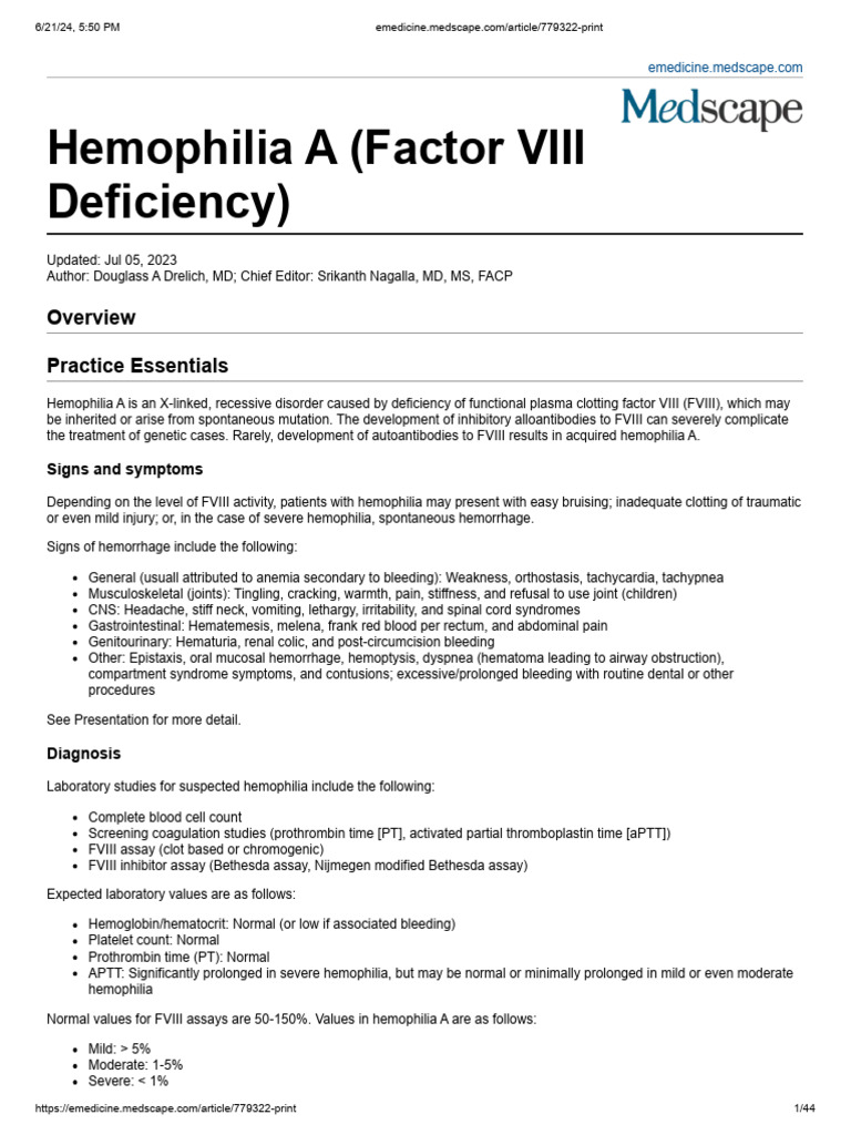Hemophilia A (Factor VIII Deficiency) | PDF | Haemophilia | Coagulation