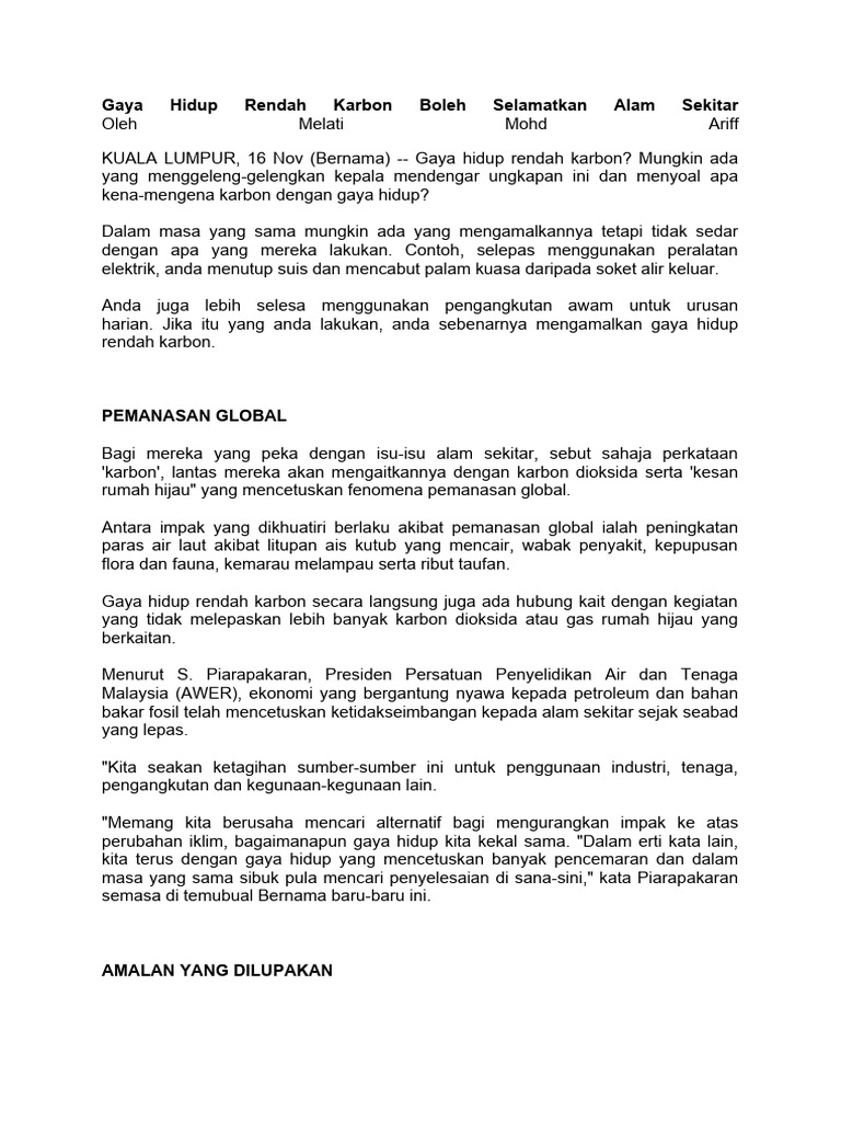 Gaya Hidup Rendah Karbon Boleh Selamatkan Alam Sekitar | PDF