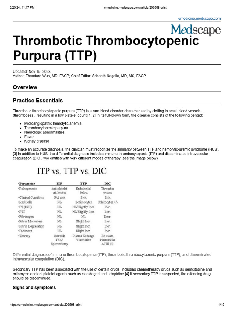 Thrombotic Thrombocytopenic Purpura TTP | PDF | Coagulation | Diseases And Disorders