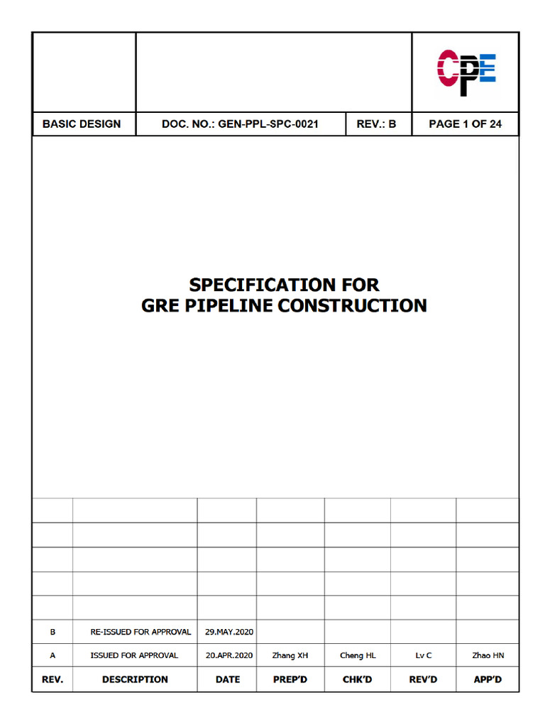 GEN-PPL-SPC-0021 Specification For GRE Pipeline Construction | PDF