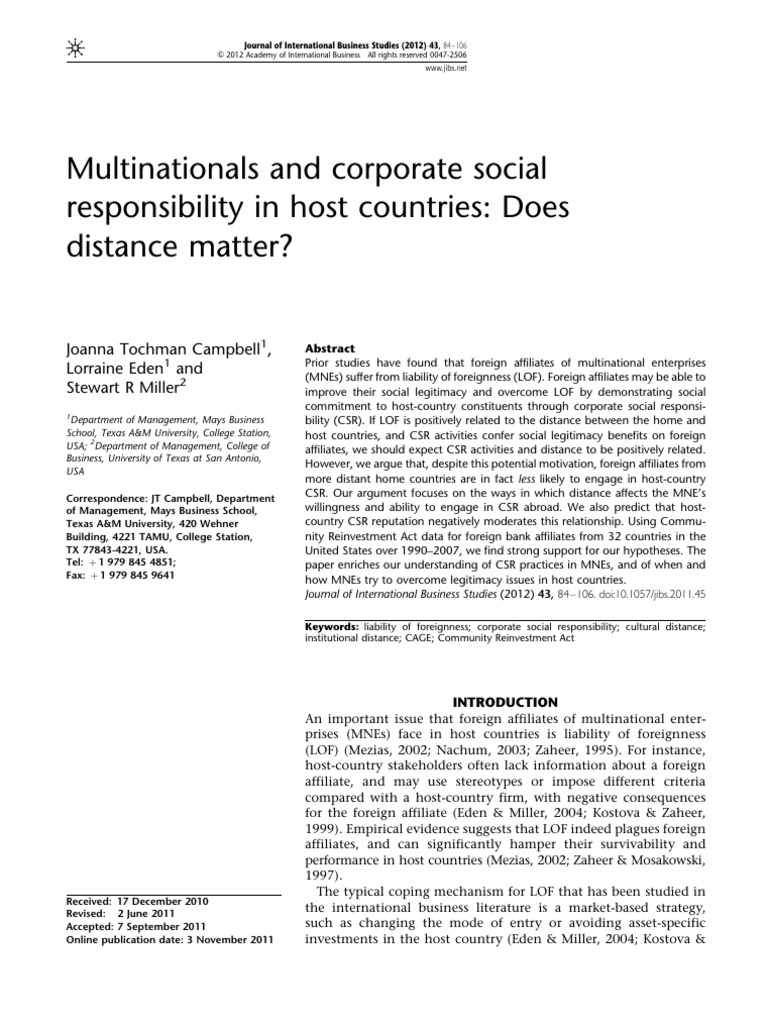 Multinationals and Corporate Social Responsibility in Host Countries Does | PDF | Corporate ...