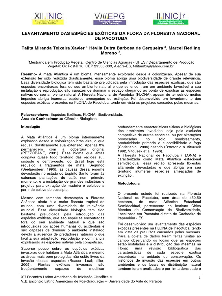 Levantamento Das Espécies Exóticas Da Flora Da Floresta Nacional | PDF ...