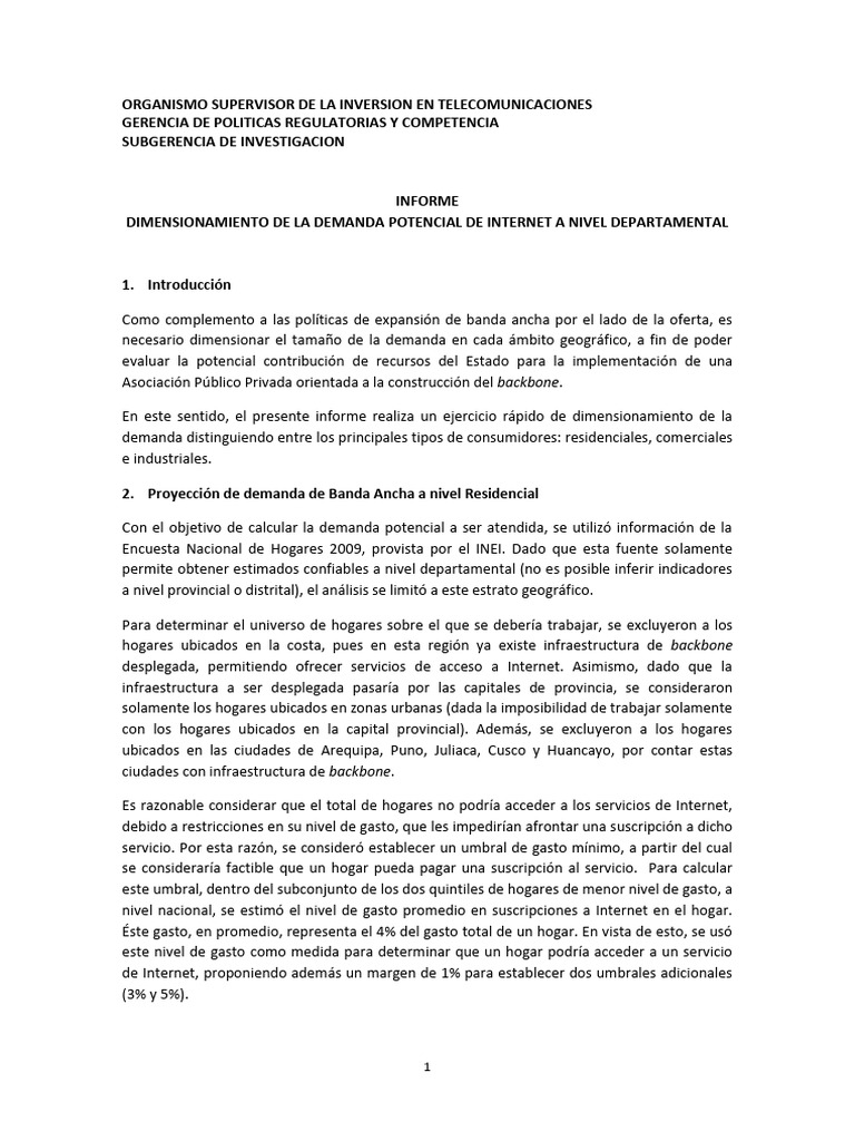 OSIPTEL DIMENSIONAMIENTO DE LA DEMANDA ANIVEL DEPARTAMENTAL | PDF ...