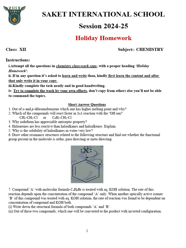 Holiday Homework XII, Che, (2024-25) | PDF | Chemistry | Chemical Compounds