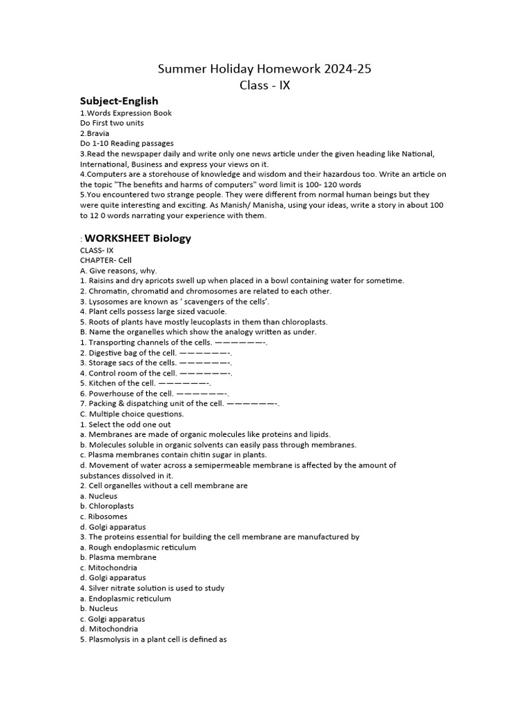 Class 9 Holidays Homework | PDF | Cell Membrane | Cell (Biology)
