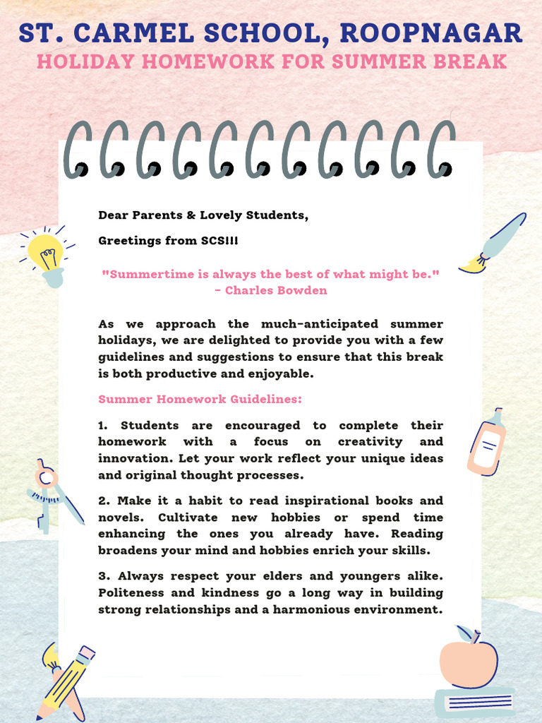 Summer Holidays Homework Grade X | PDF | Homework | Mental Health