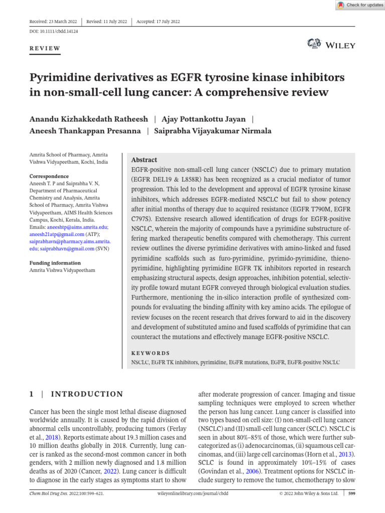 Chem Biol Drug Des - 2022 - Kizhakkedath Ratheesh - Pyrimidine Derivatives As EGFR Tyrosine ...