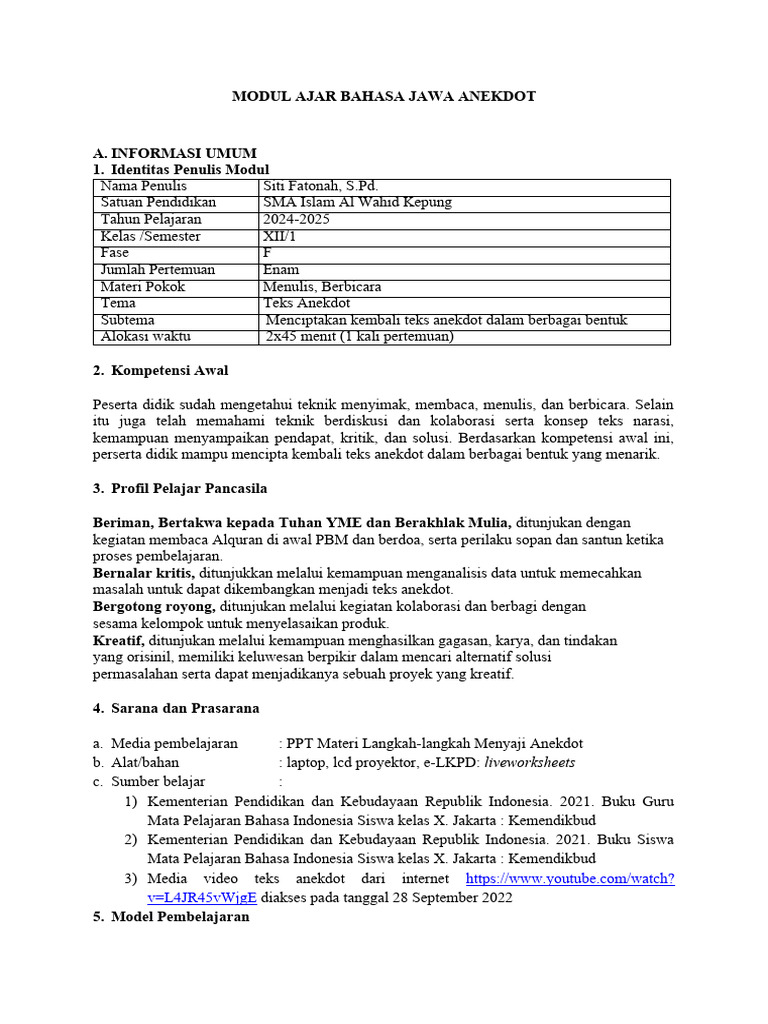Modul Ajar Bahasa Jawa XII Bab 2 Anekdot - Salin | PDF