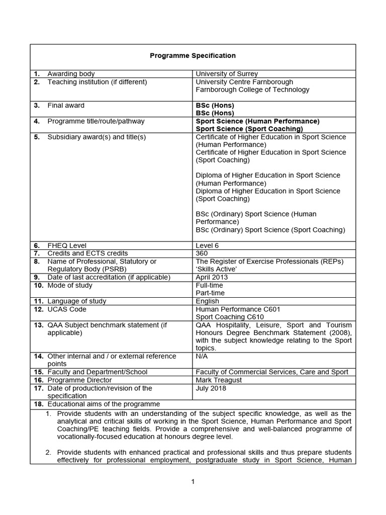 BSC Sport Science HP SC Prog Spec For AY 2018 19 | PDF | Educational ...