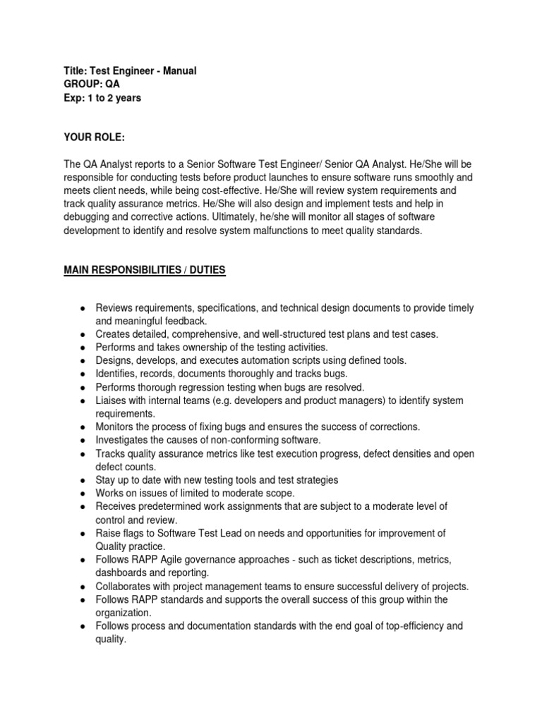 Job Description Manual Testing 1720880501 | PDF | Quality Assurance ...
