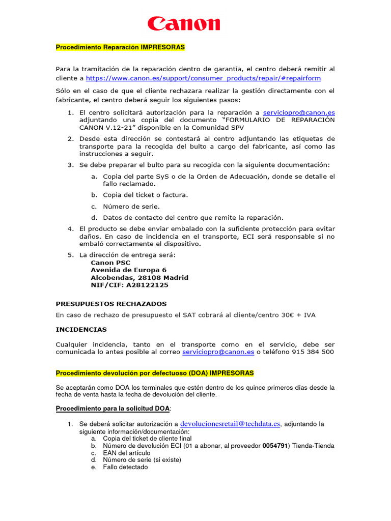 Procedimiento Reparación y Devolución Defectuoso (DOA) CANON INFORMÁTICA V.01-22 | PDF | Informática