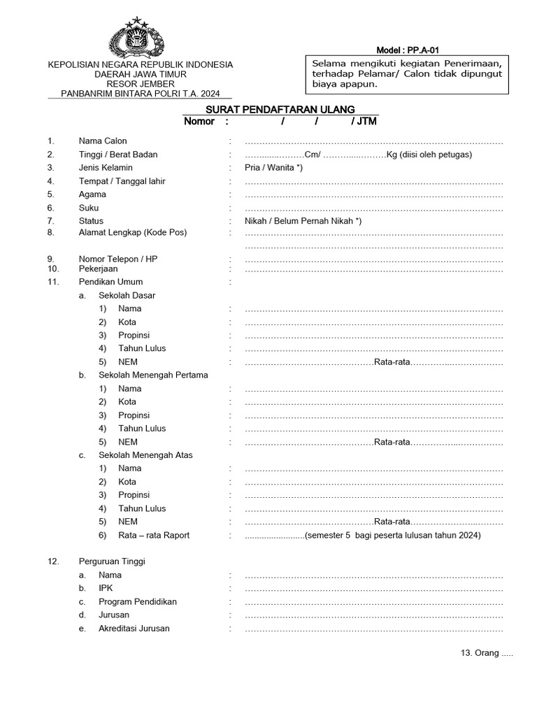 BLANGKO DAFTAR ULANG BINTARA 2024 (tanpa berkas pemeriksaan) | PDF BLANGKO DAFTAR ULANG BINTARA 2024 (tanpa berkas pemeriksaan) | PDF