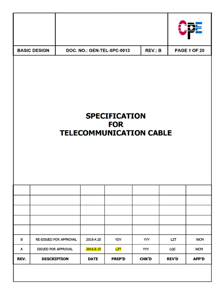 GEN-TEL-SPC-0013 Specification For Telecommunication Cable | PDF