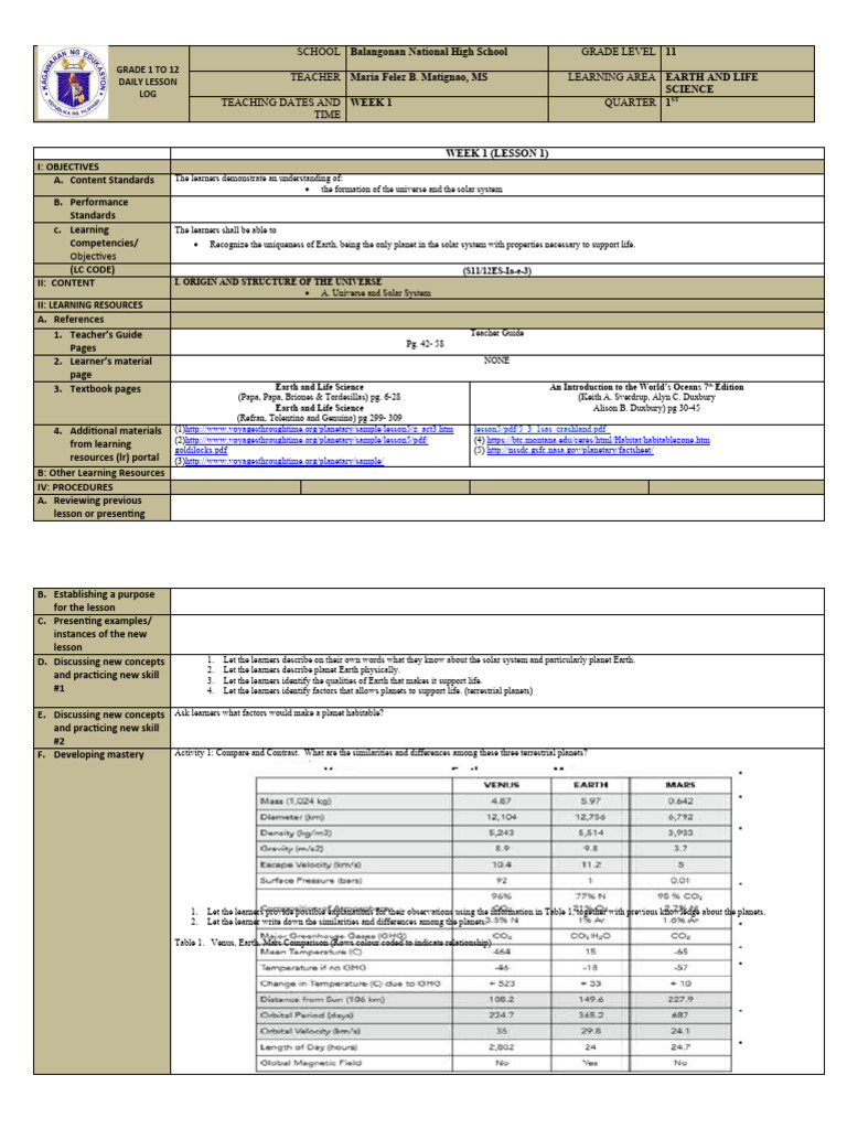 MELC ELS Week 1 Lesson 1 | PDF | Planets | Learning