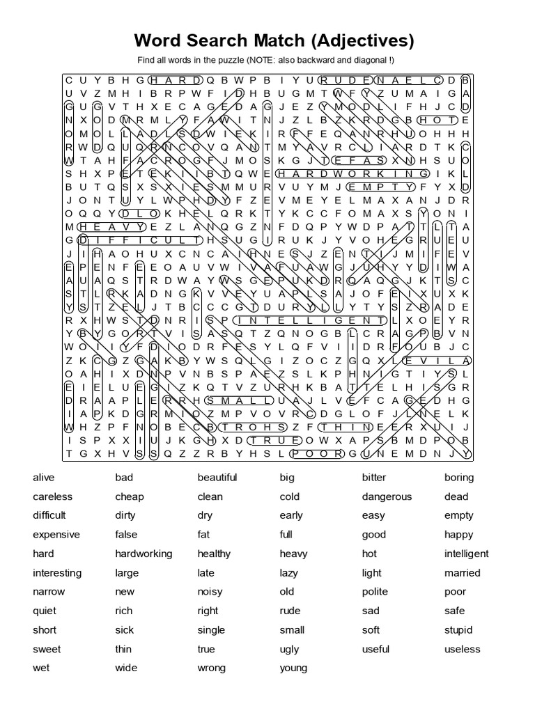 Adjectives - Word Search Match - Incl Key | PDF | Word Search | Word ...