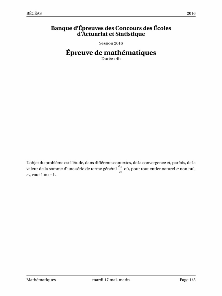 Banque D'épreuves Des Concours Des Écoles D'actuariat Et Statistique ...