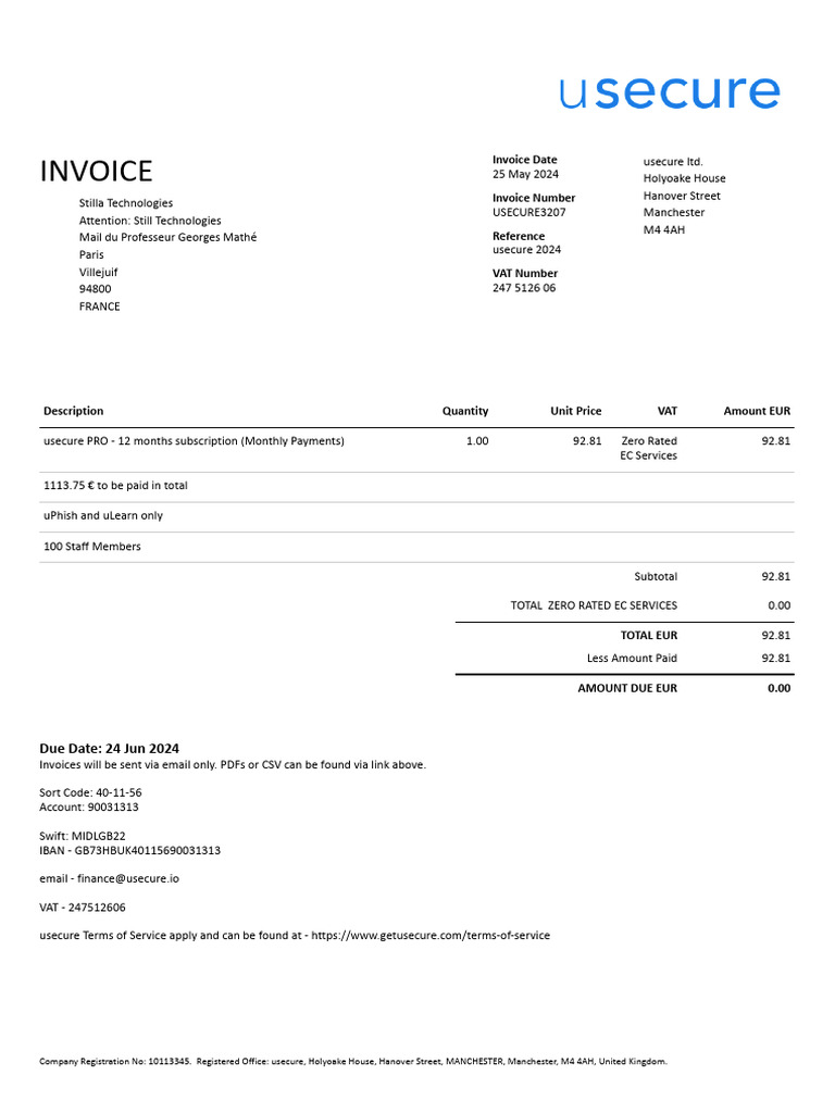 Invoice for usecure Subscription 2024 | PDF | Invoice | Value Added Tax