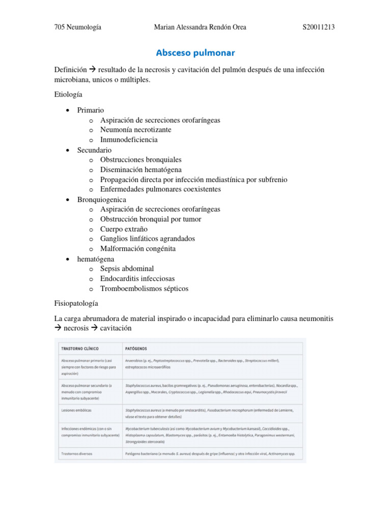Absceso Pulmonar: Diagnóstico y Tratamiento | PDF | Neumología | Pulmón