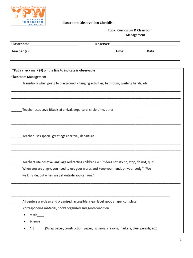 Classroom Observation Checklist Guide | PDF | Teachers | Learning