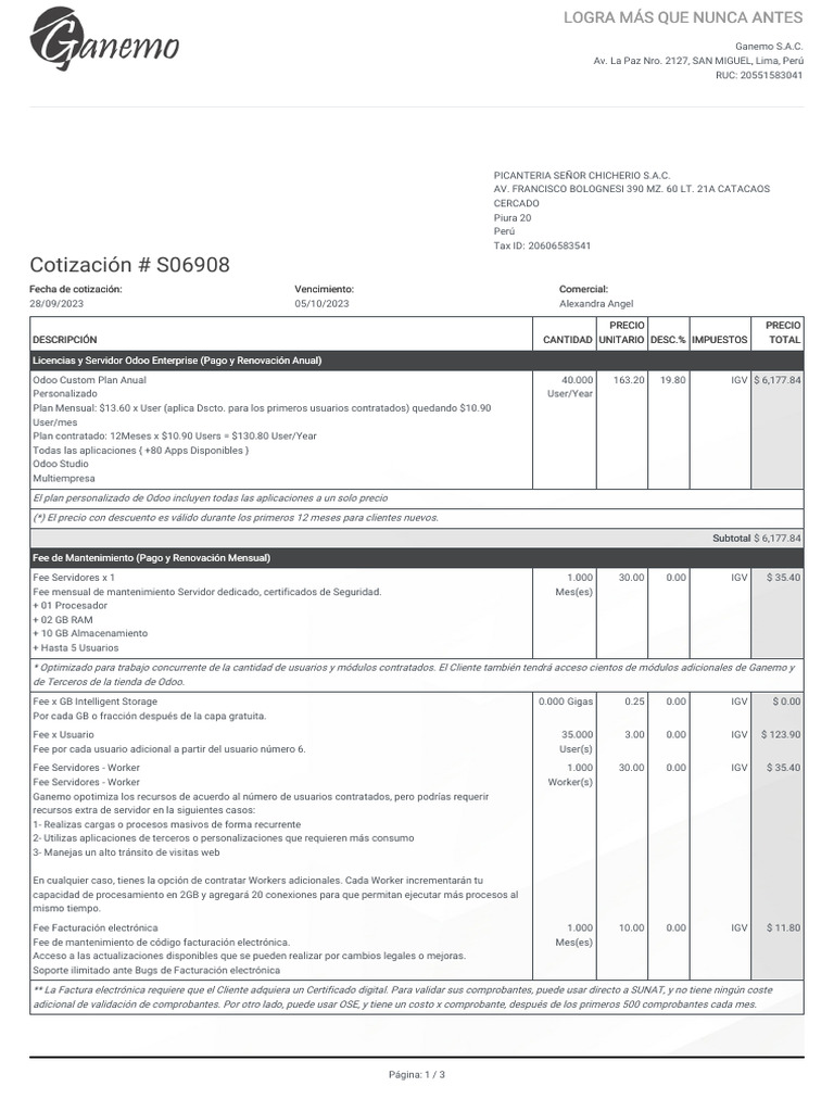 Cotización Servicios Odoo Empresarial | PDF | Servidor (Computación ...