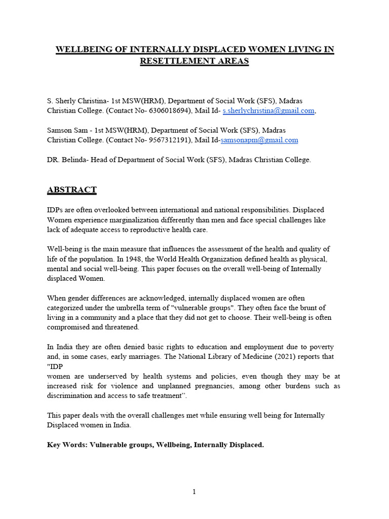 Wellbeing of Internally Displaced Women living in resettlement areas ...