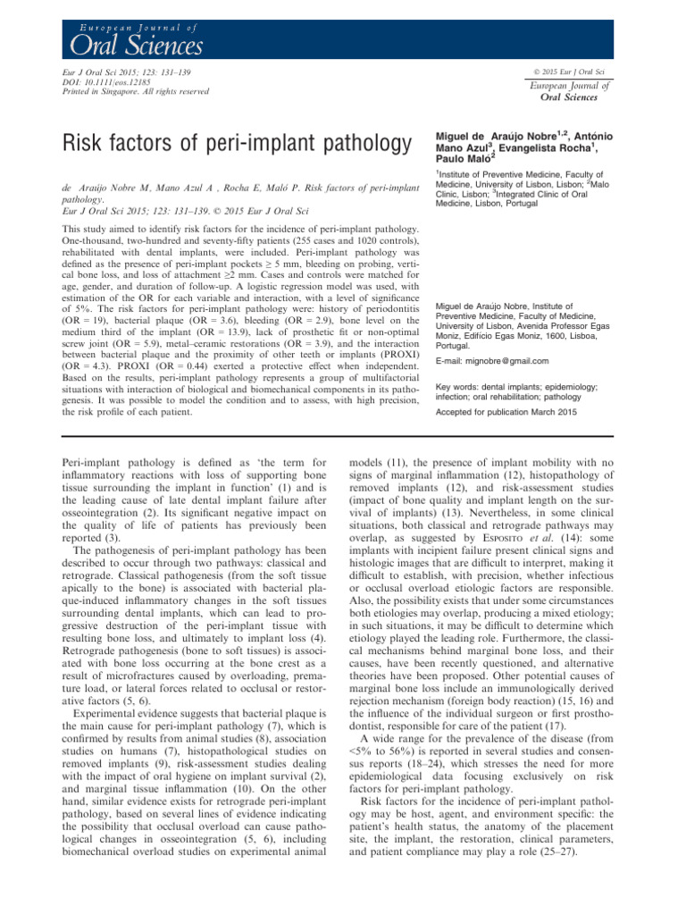 de Araújo Nobre et al. - 2015 - Risk factors of peri-implant pathology ... de Araújo Nobre et al. - 2015 - Risk factors of peri-implant pathology ...