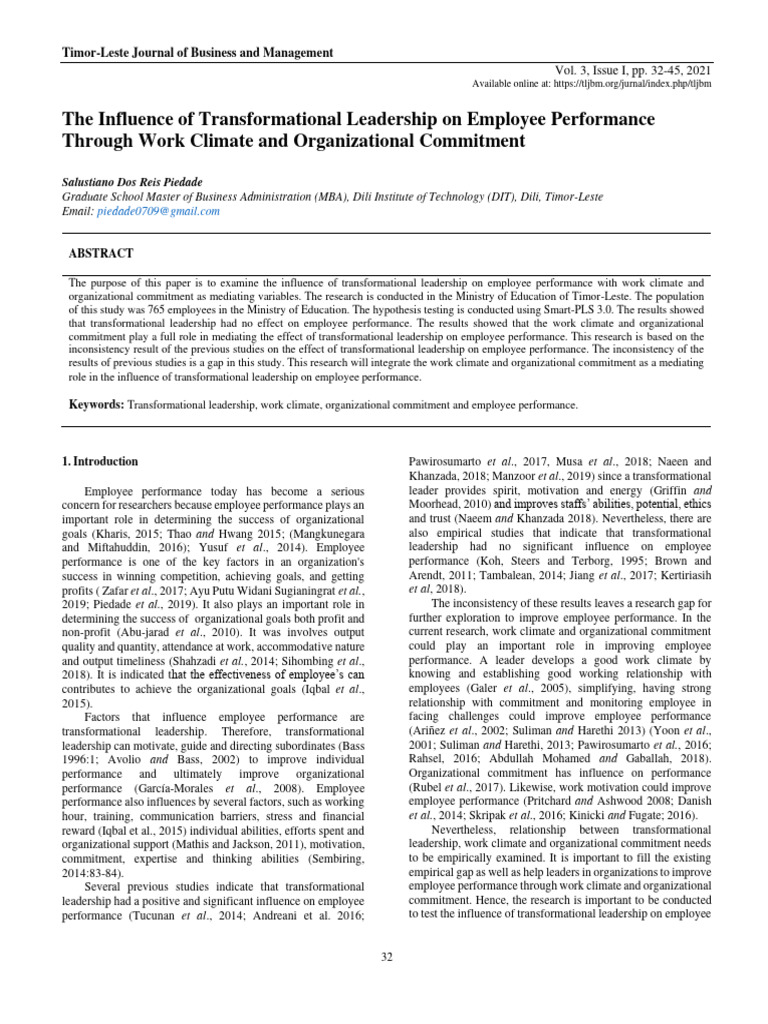 The Influence of Transformational Leadership On Employee Performance Through Work Climate and ...