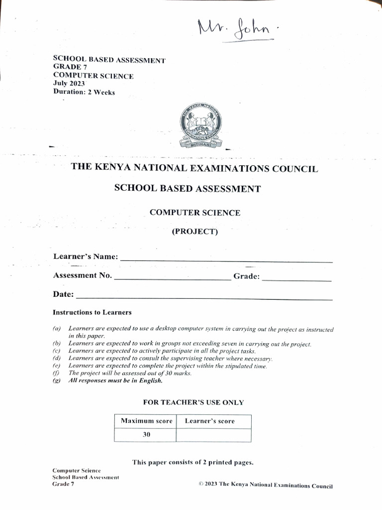 KNEC Computer Science Project - Grade 7 2023 | PDF