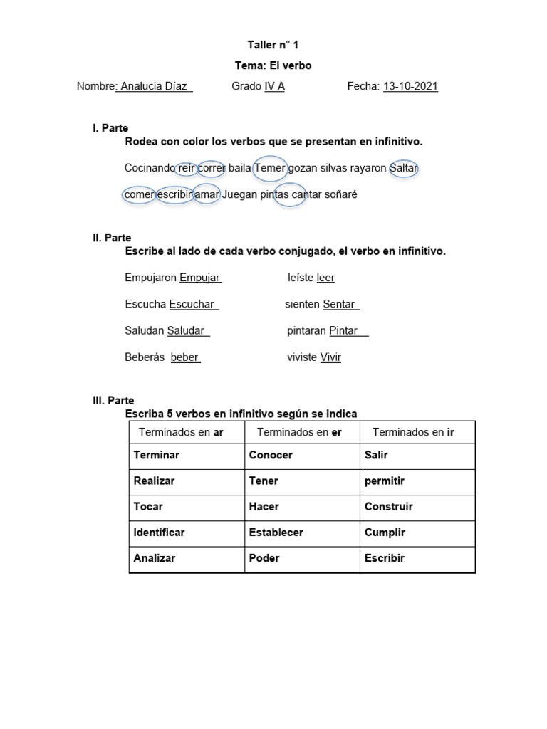 ANALUCIA YIRE DIAZ HERNANDEZ - Taller n°1 El verbo | PDF