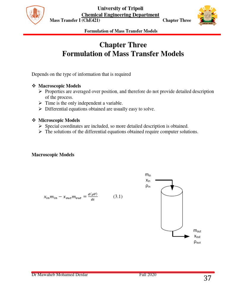 Chapter 3 (Formulation of Mass Transfer Models) ChE421 | PDF ...
