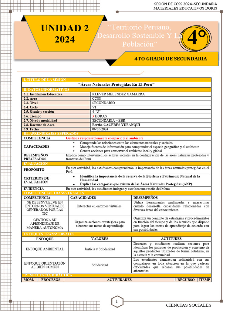 4º Sesiones Sem 1 Uni 2 - CCSS 2024 | PDF | Enseñando | Aprendizaje