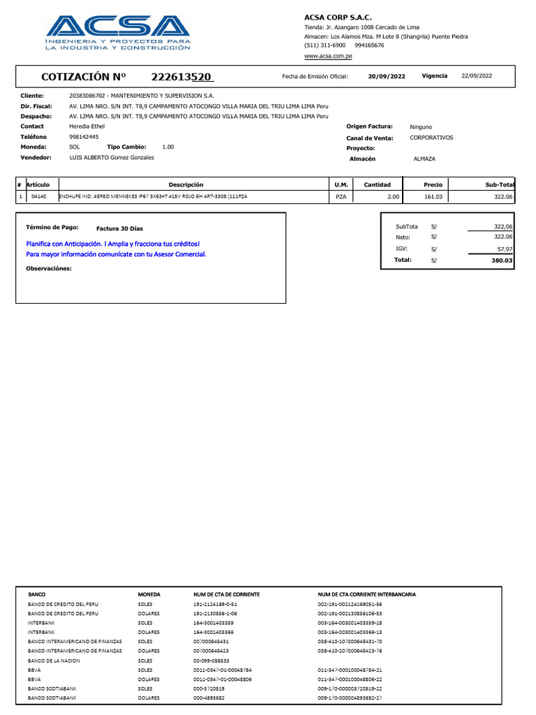 Cot. Acsa - 20.09.22 | PDF | Empresas de servicios financieros ...