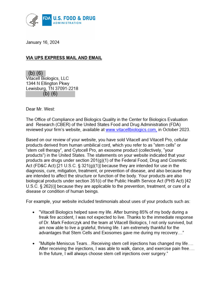Vitacell Biologics, Food and Drug Administration (FDA) Warning Letter ... Vitacell Biologics, Food and Drug Administration (FDA) Warning Letter ...