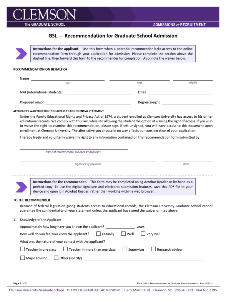Clemson GSL Recommendation Letter | PDF