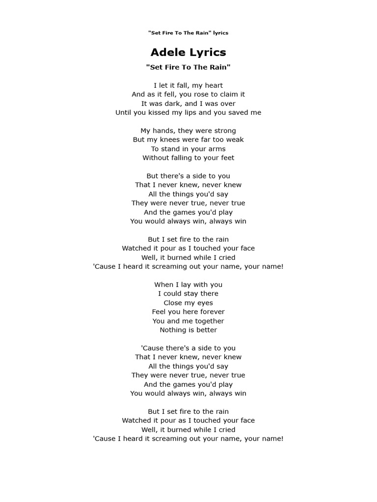 Adele - Set Fire To The Rain Lyrics | PDF