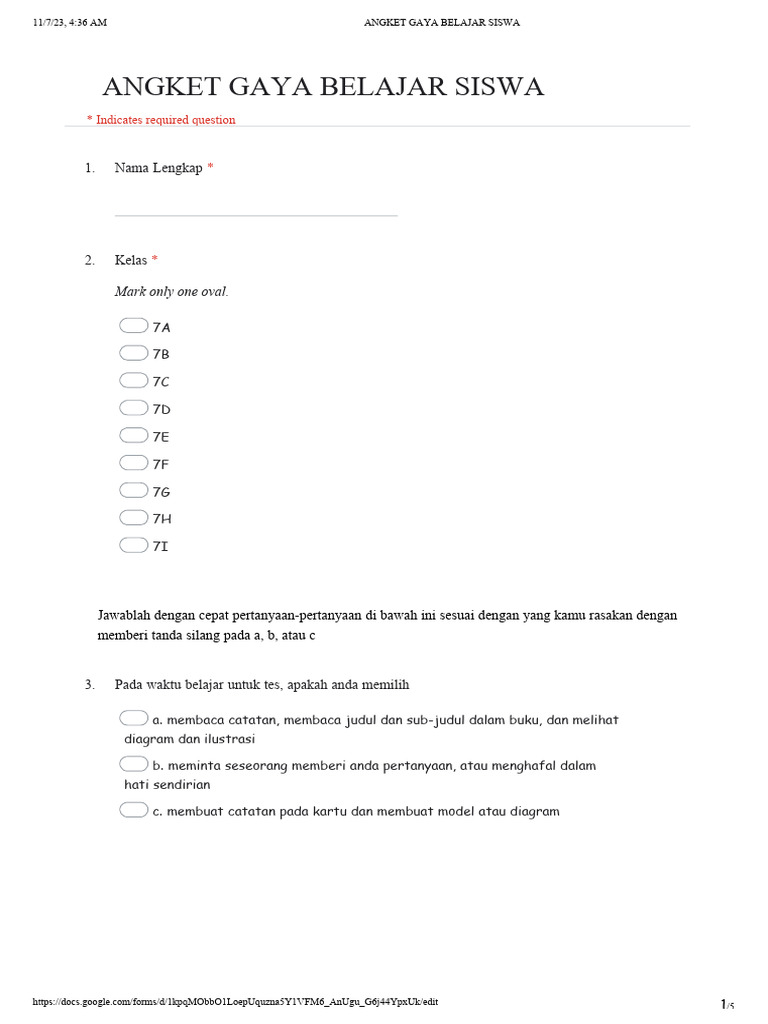 ANGKET GAYA BELAJAR SISWA KELAS 7 T.A 2023 - 2024 - Google Forms | PDF