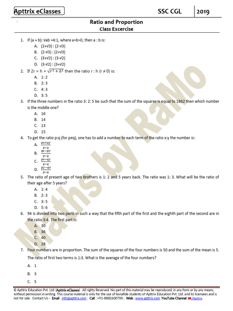 Ratio and Proportion Class Exercises English | PDF | Ratio | Alloy