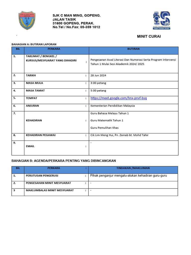28 Jun 2024 Minit Curai Pengesanan Awal Literasi Dan Numerasi Serta