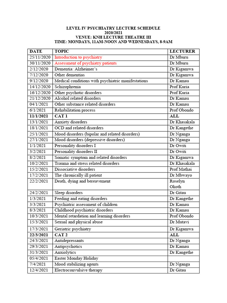 2020 - 2021 Level Iv Psychiatry Lecture Schedule | PDF | Mental ...