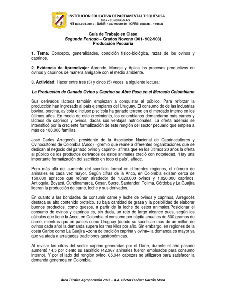1 Guía de Trabajo en Clase 901 902 903 Producción Pecuaria 2023 | Descargar gratis PDF | Oveja ...