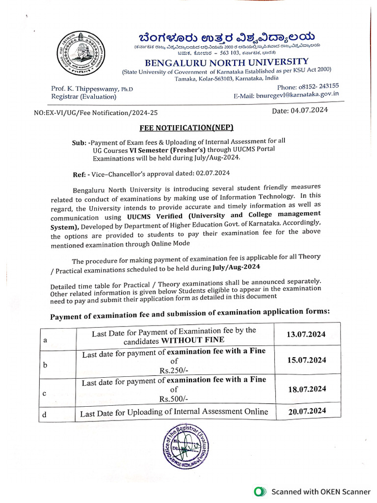 UG NEP 6th Sem Exam Fee Notification | PDF