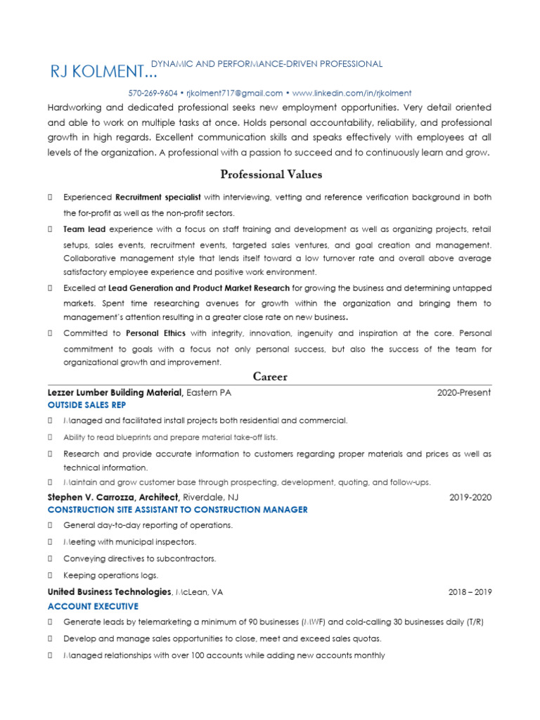 RJ Kolment Resume Sales 23 | PDF | Sales | Employment