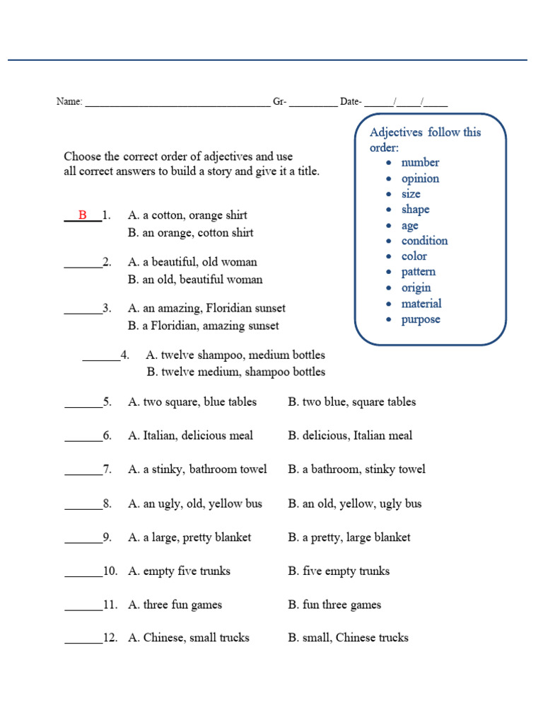Order of Adjectives Practice for Grade 5 | PDF