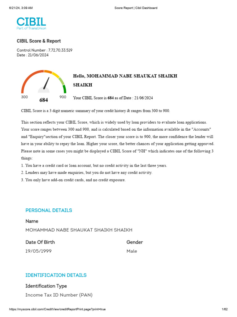 Score Report - Cibil Dashboard | PDF | Finance & Money Management | Credit