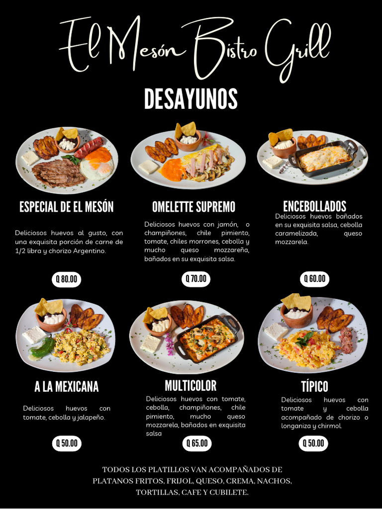 Deliciosos Desayunos en El Mesón | PDF | ensalada | Parilla