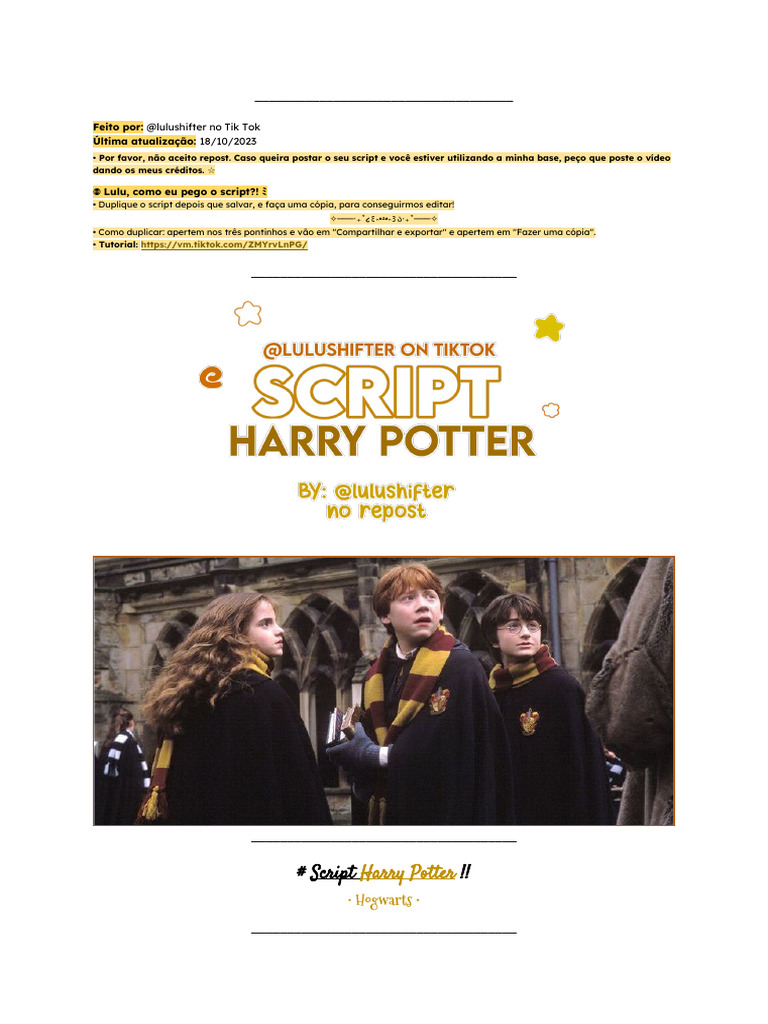 Script Harry Potter para TikTok | PDF | Cabelo | Dinheiro