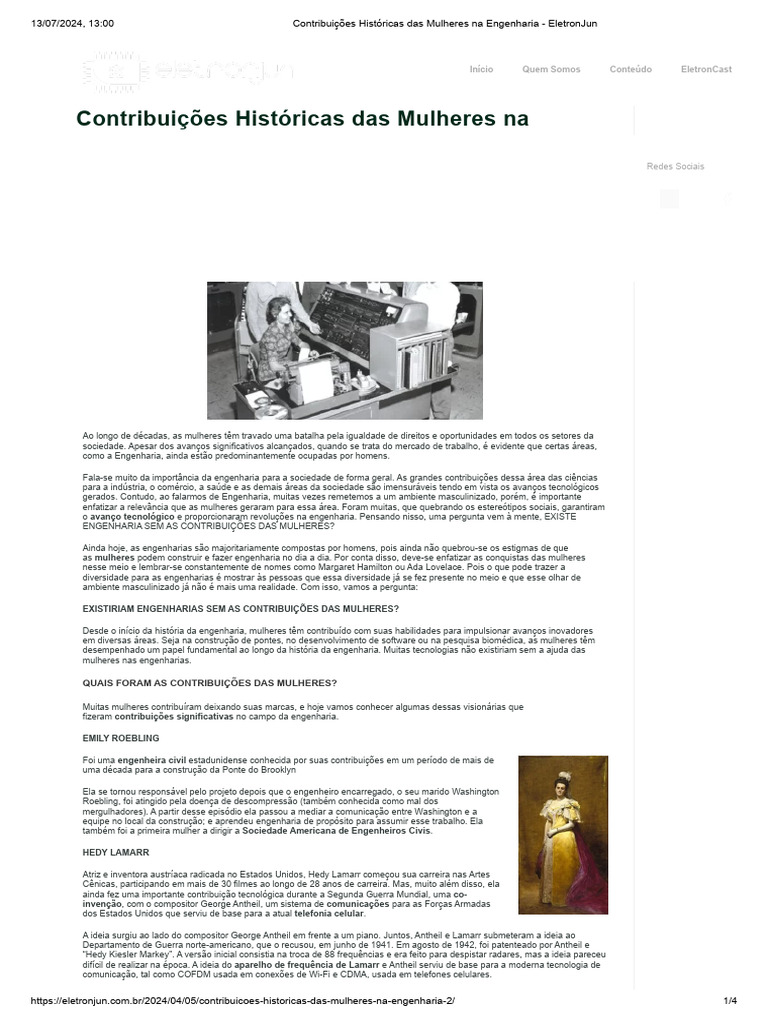 Contribuições Históricas Das Mulheres Na Engenharia Eletronjun Pdf