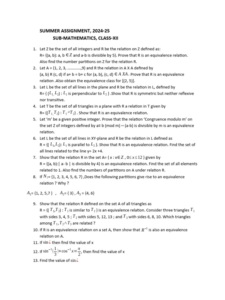 Summer Assignment, Class-Xii | PDF | Matrix (Mathematics ...