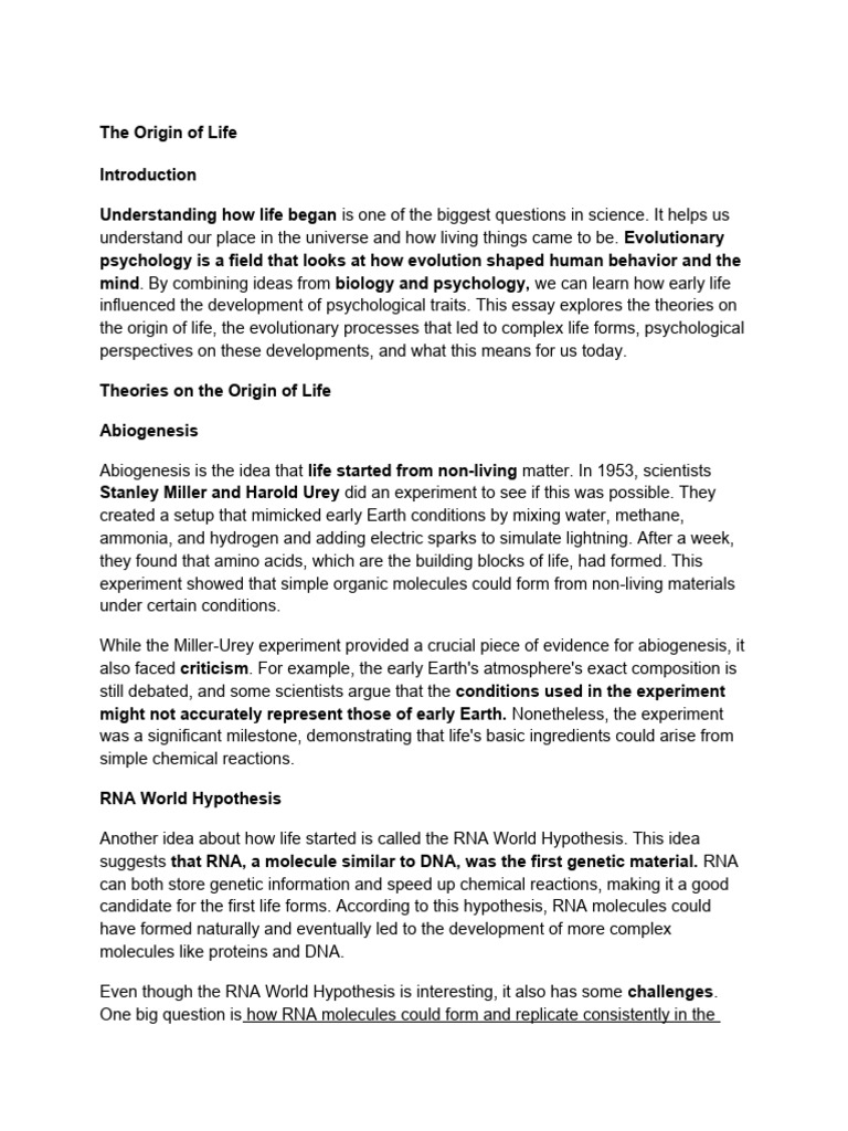 Origin of Life - Evolutionary Essay | PDF | Abiogenesis | Life